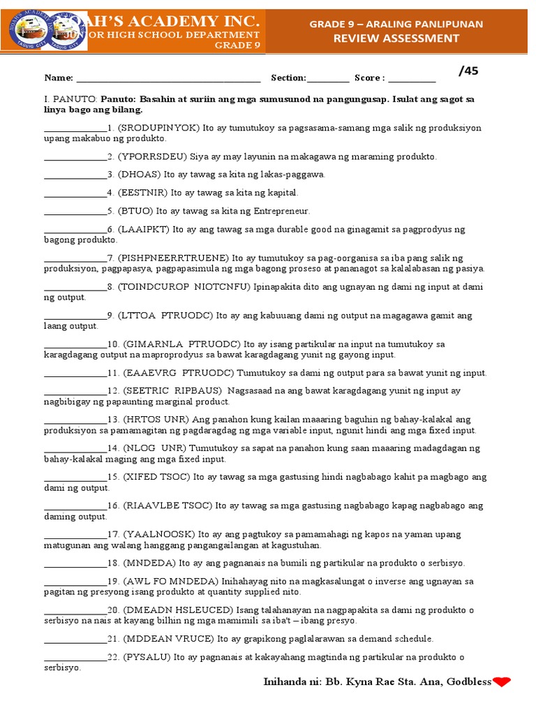 Review Assessment Exam-G9 | PDF