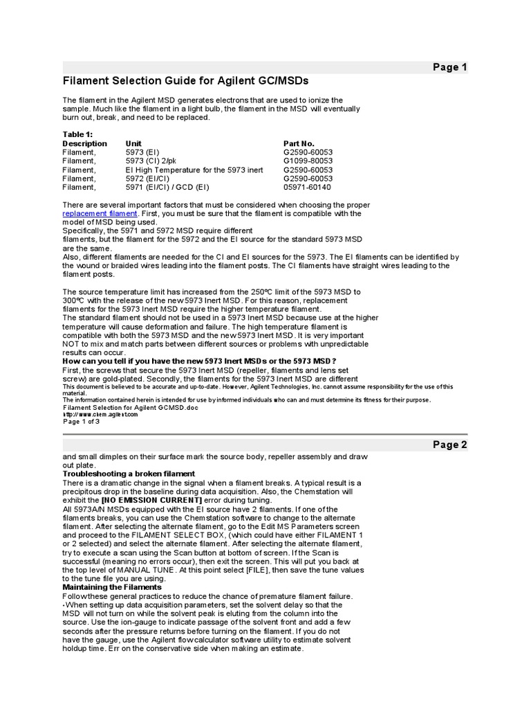 Filament Selection Guide for Agilent GC/MSDs: Proper Filament Selection ...