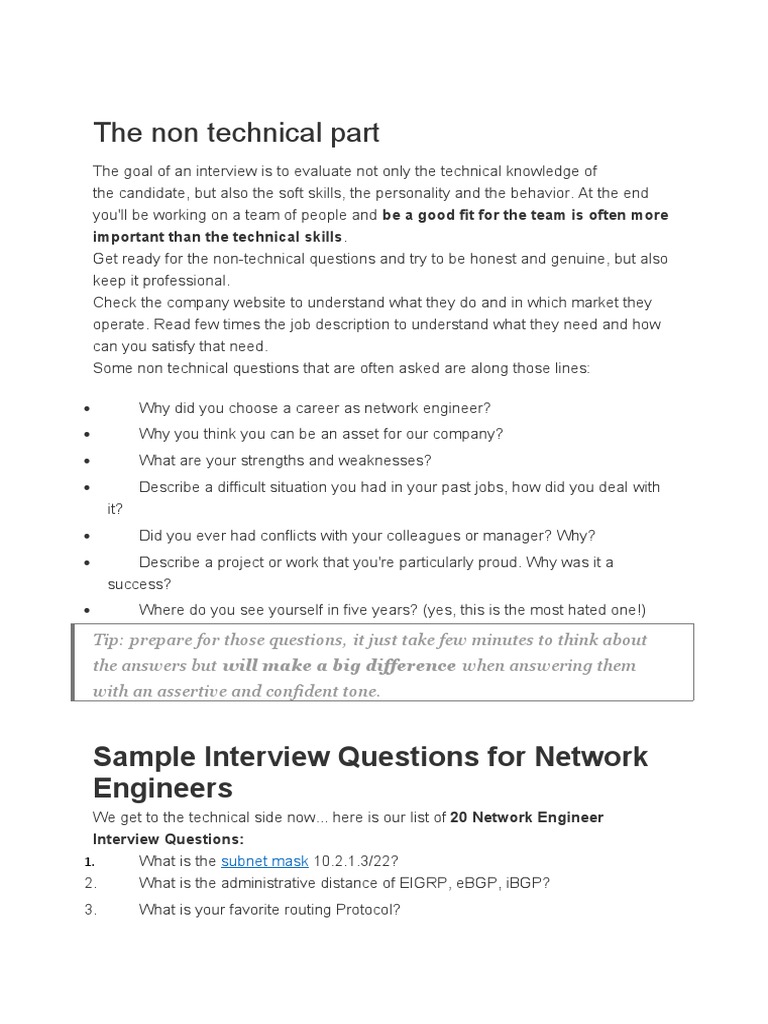 The Non Technical Part: Sample Interview Questions For Network Engineers | PDF | Multiprotocol ...