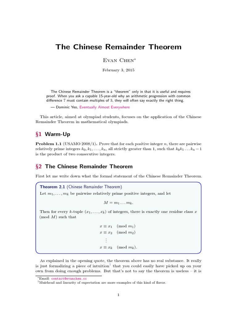 Chinese Remainder Theorem | PDF | Prime Number | Number Theory