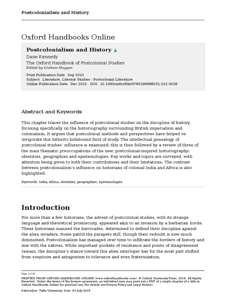 Oxford Handbooks Online: Postcolonialism and History | PDF ...