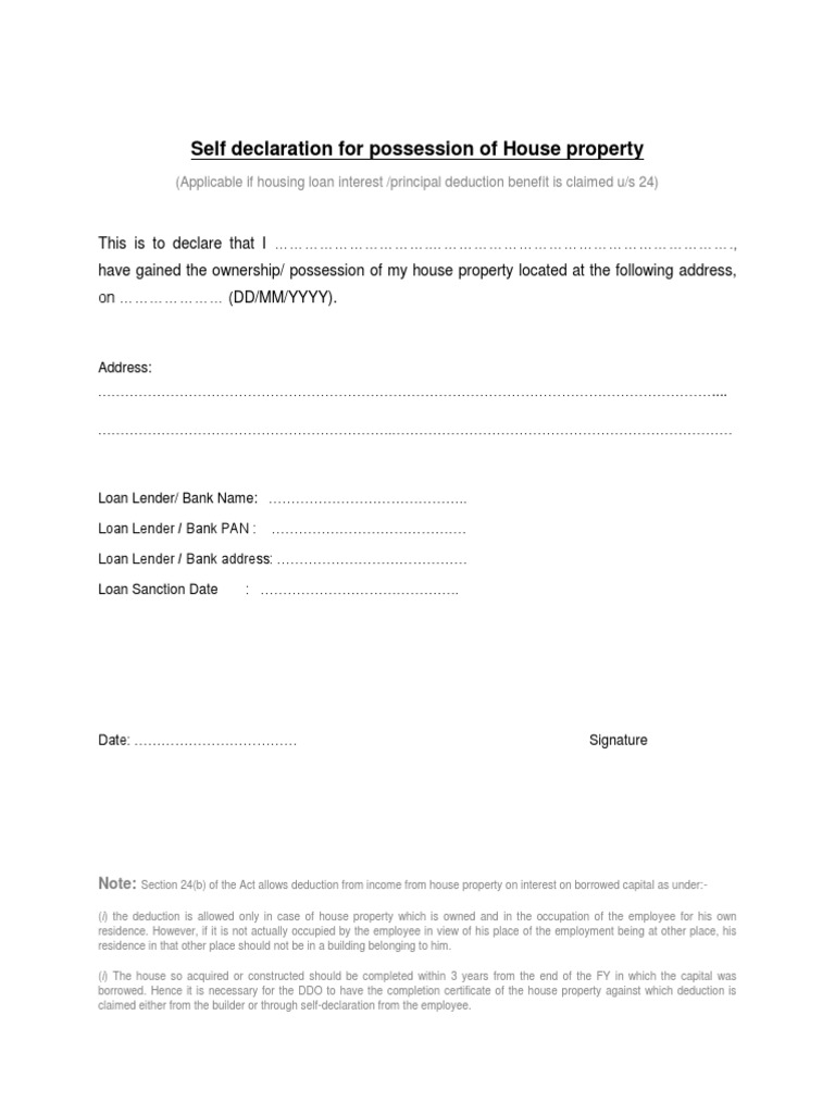 Self Declaration For Possession of House Property | PDF