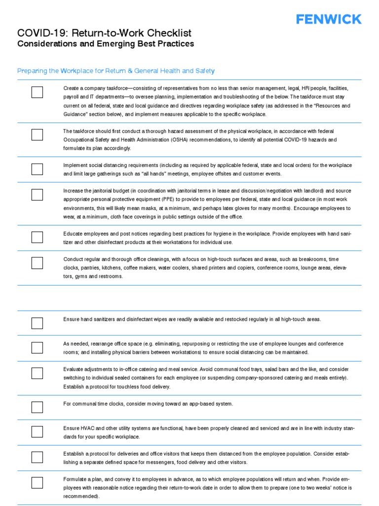 COVID-19: Return-to-Work Checklist: Considerations and Emerging Best ...