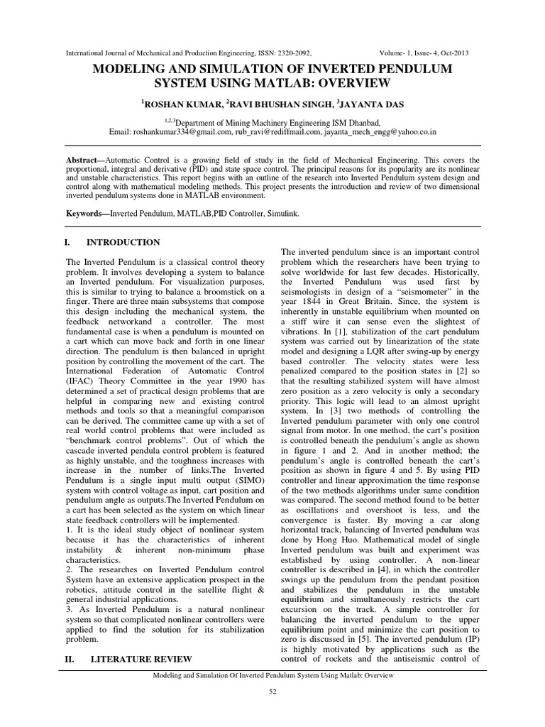 Modeling and Simulation of Inverted Pendulum System Using Matlab ...