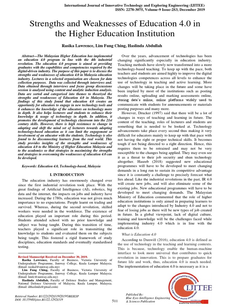 Strengths and Weaknesses of Education 4.0 in The Higher Education ...