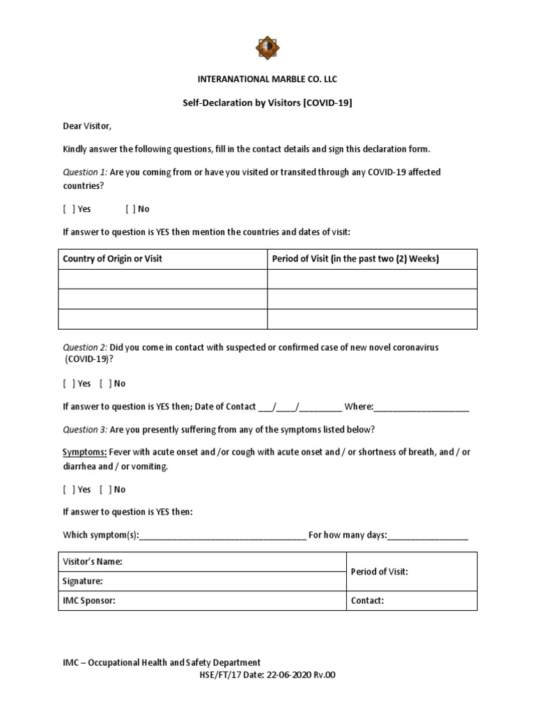 Covid-19 Visitors Declaration | PDF