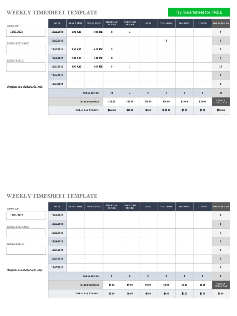 Weekly Timesheet Template: 12/11/2022 8:00 AM 5:00 PM 8 1 | PDF ...