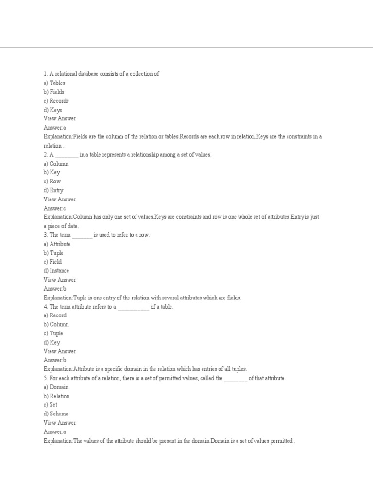 Dbms Important MCQ | PDF | Relational Model | Relational Database