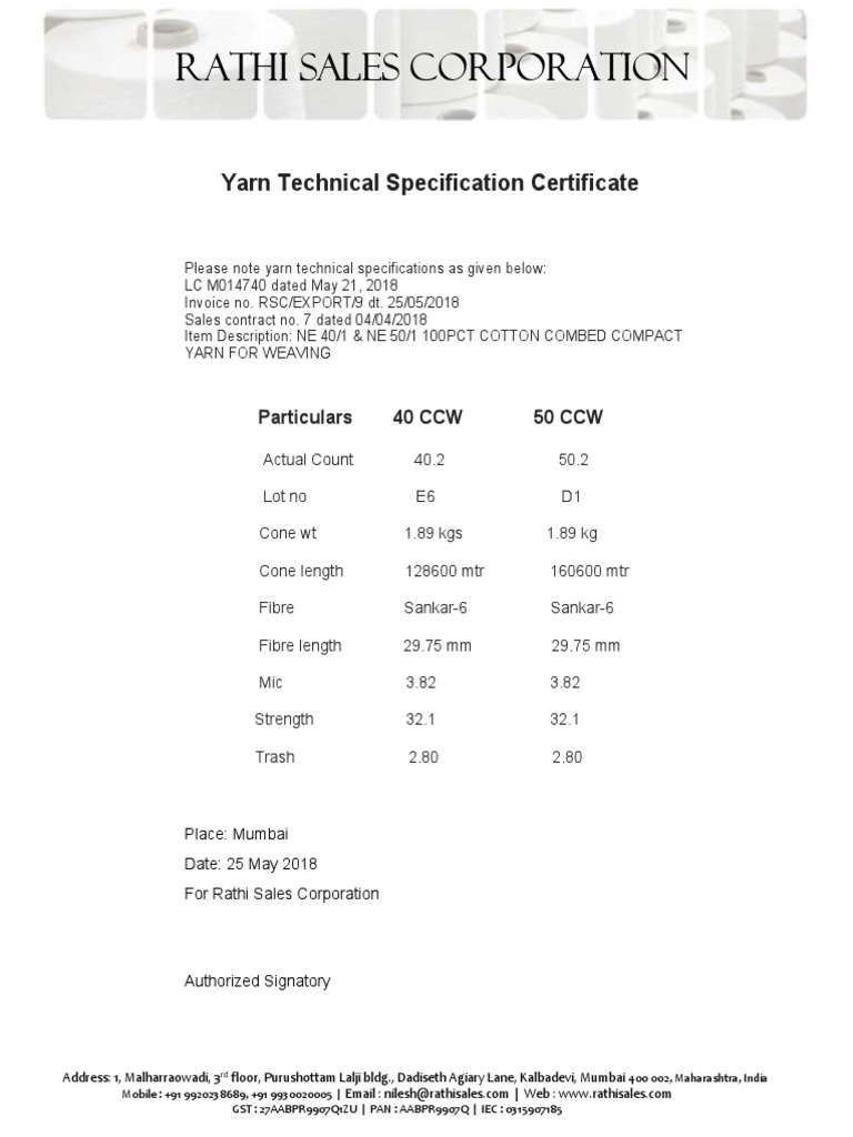 Yarn Specs Certificate Mumbai | PDF | Technology & Engineering