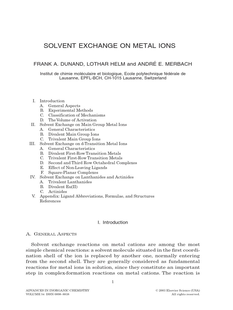 Solvent Exchange On Metal Ions: Advances in Inorganic Chemistry VOLUME ...