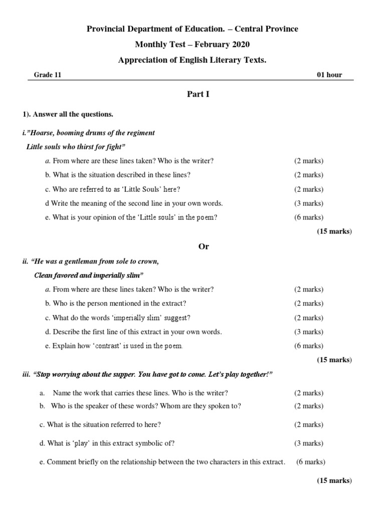 English Literature Worksheet | PDF | Writing | Poetry