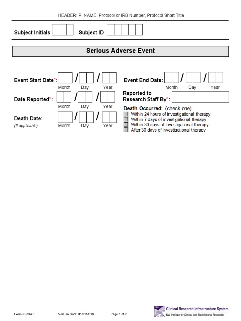 Serious Adverse Event Report Form | PDF | Medicine | Health Sciences
