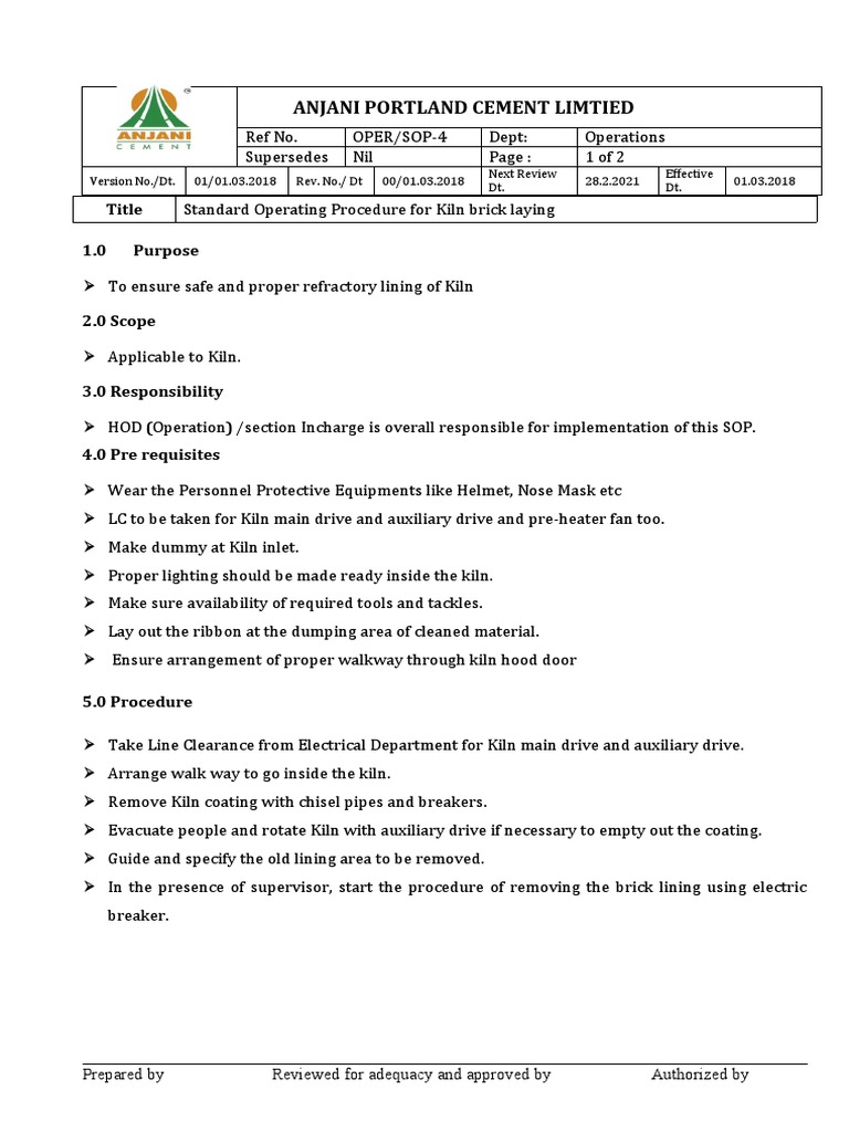 SOP-Standard Operating Procedure For Kiln Brick Laying | PDF | Brick ...