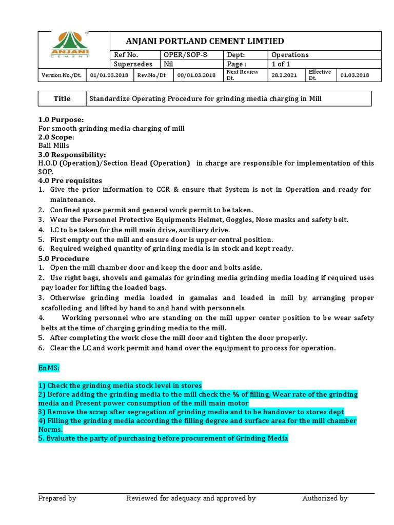 Grinding Media Charging SOP for Mills | PDF | Technology & Engineering