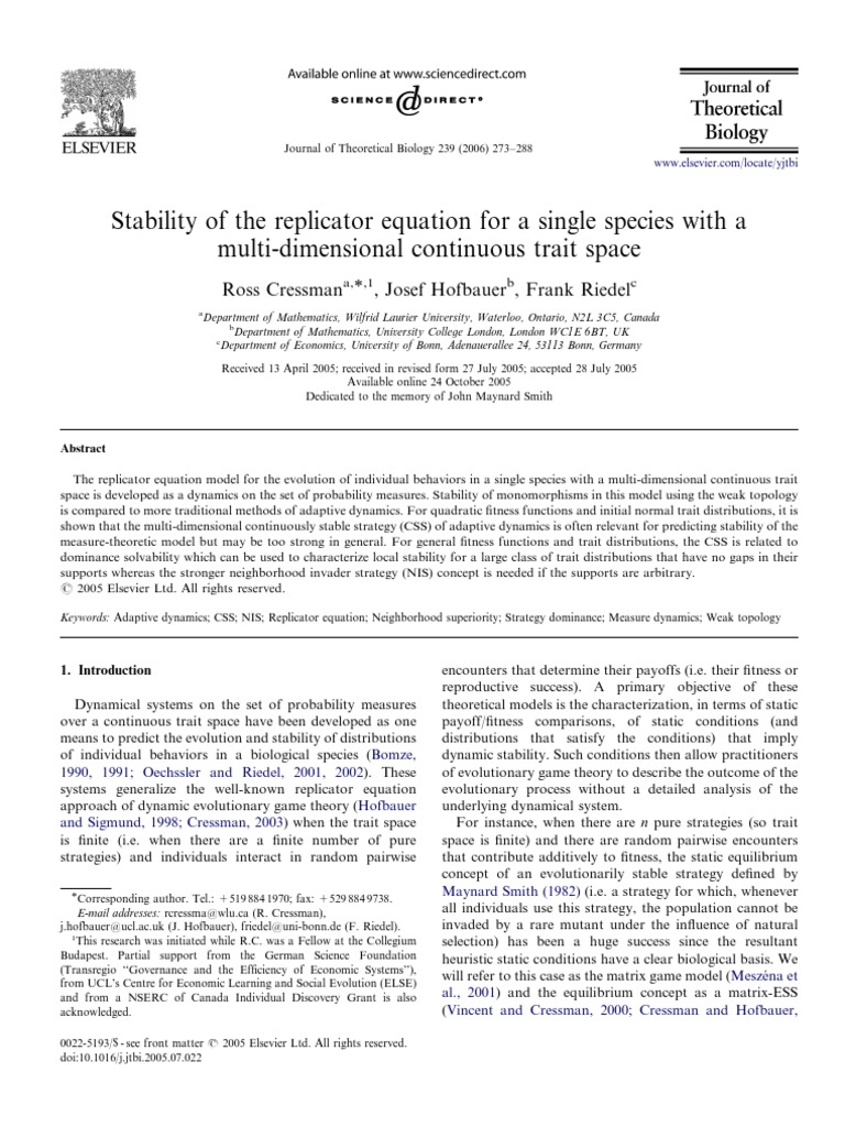 Stability of The Replicator Equation For A Single Species With A Multi ...