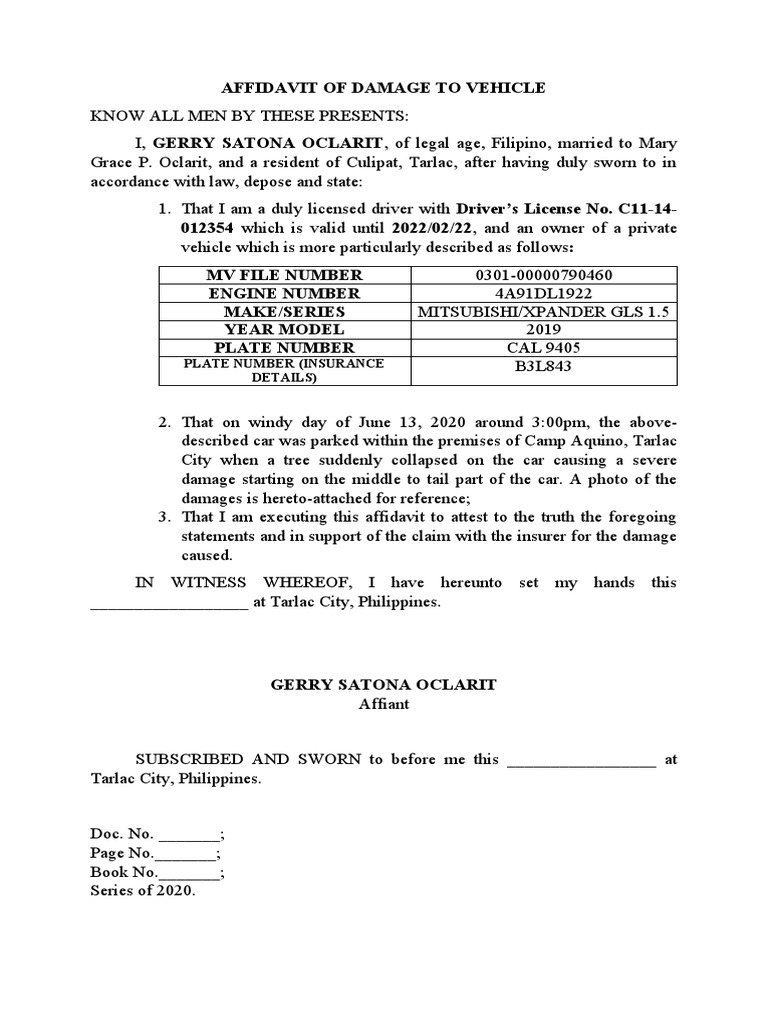 Affidavit of Damage To Vehicle Gerry Satona Oclarit | PDF