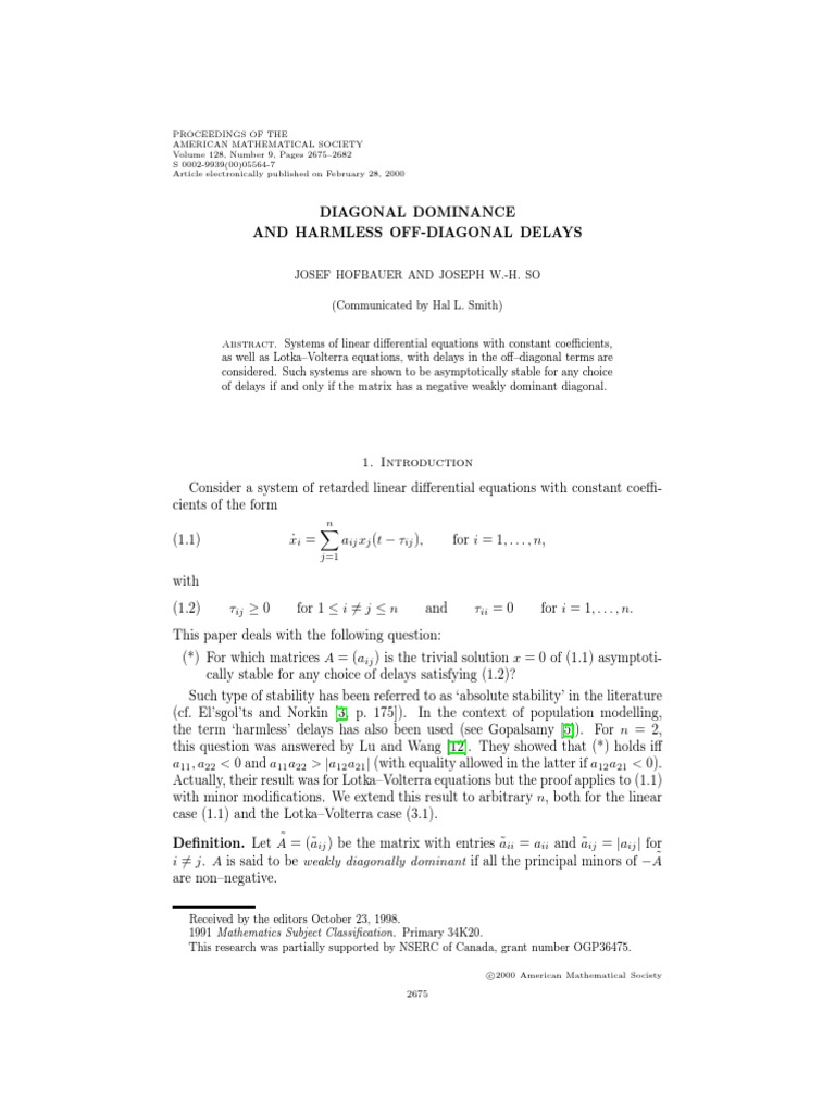 Diagonal Dominance and Harmless Off-Diagonal Delays | PDF | Stability ...