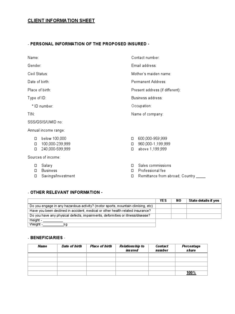 Client Information Sheet: Personal Information of The Proposed Insured ...
