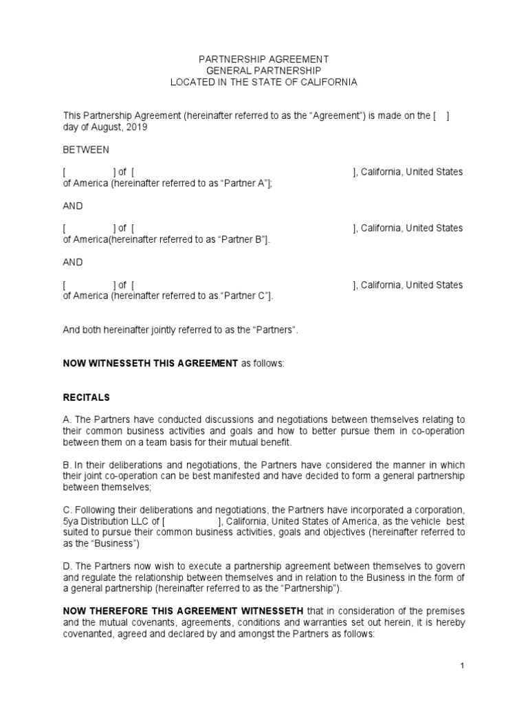 California General Partnership Agreement | PDF | Partnership | Equity ...