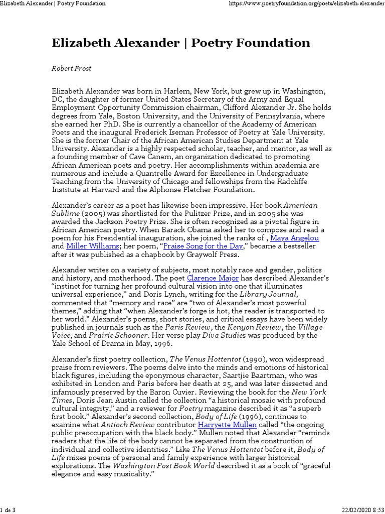 Elizabeth Alexander - Poetry Foundation: Robert Frost | PDF | Poetry ...