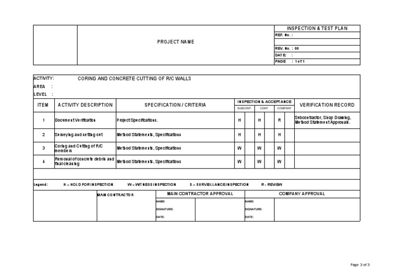 Inspection & Test Plan Project Name: Coring and Concrete Cutting of R/C ...