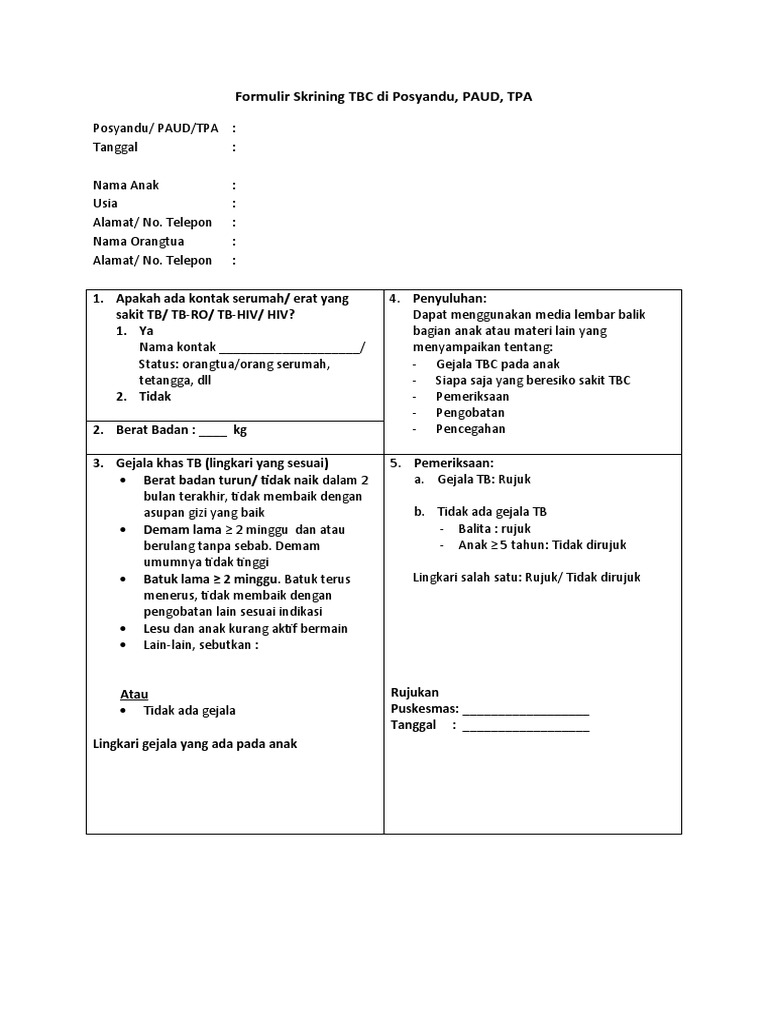 Formulir Skrining TBC Di Posyandu 2020 | PDF | Kesehatan Holistik