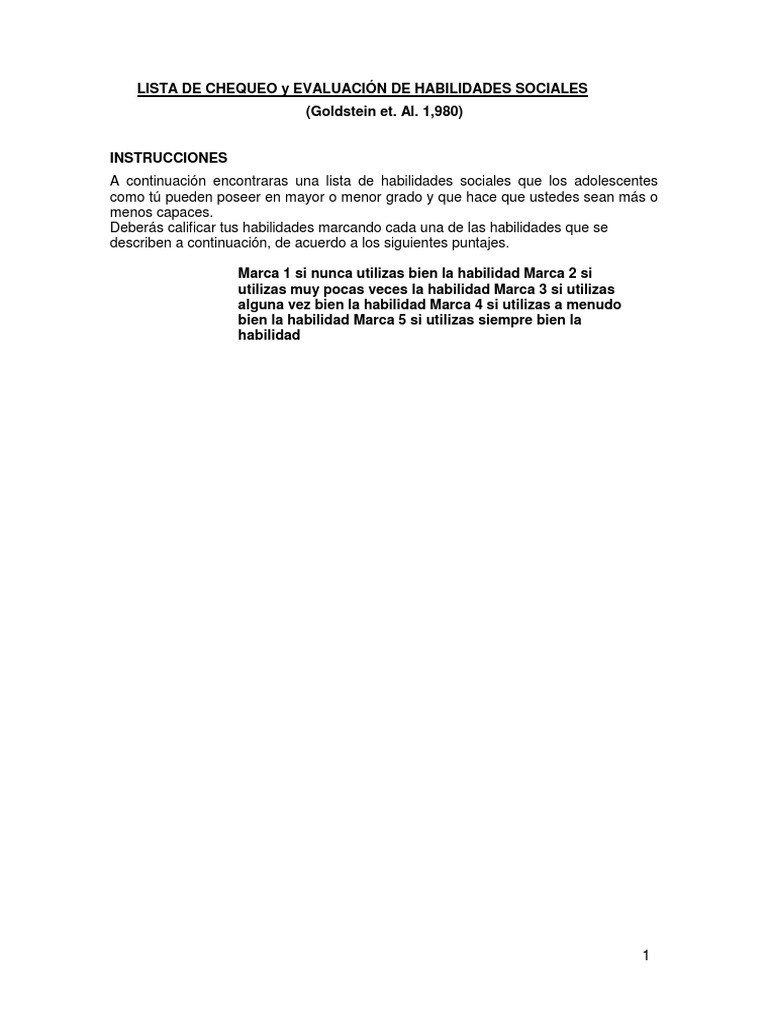 LISTA DE CHEQUEO y EVALUACIÓN DE HABILIDADES SOCIALES PDF | PDF