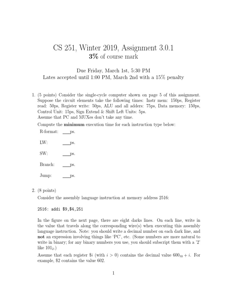 CS 251, Winter 2019, Assignment 3.0.1: 3% of Course Mark | PDF | Assembly Language | Electronics