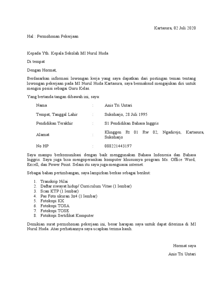 Surat Lamaran Anis | PDF