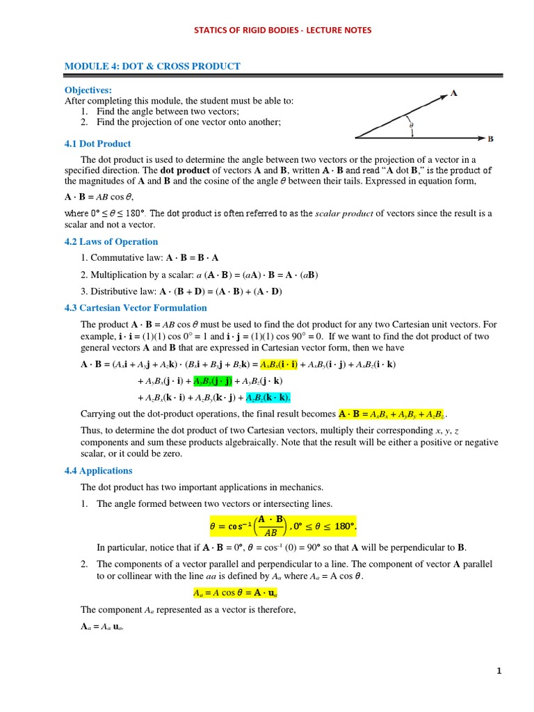 Module 4 Dot And Cross Product Pdf Pdf Determinant Euclidean Vector