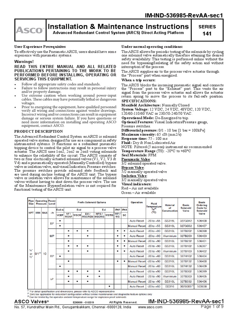 Instruction Manual Arcs Asco en 5312322 | PDF | Valve | Electrical Wiring