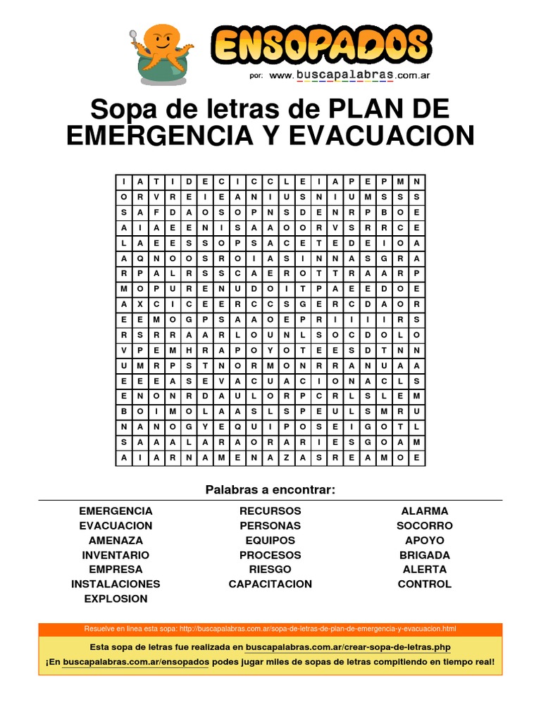 Sopa de Letras de Plan de Emergencia y Evacuacion | PDF | Violencia ...