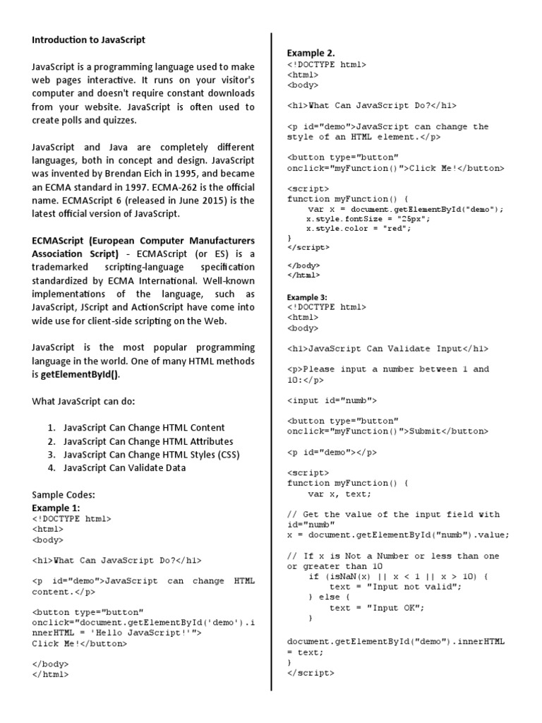 Introduction To JavaScript - Finals | PDF | Java Script | World Wide Web Introduction To JavaScript - Finals | PDF | Java Script | World Wide Web
