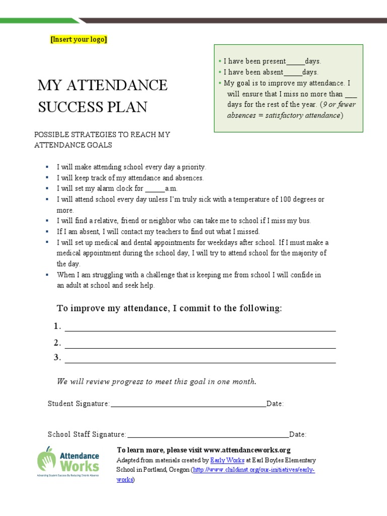 My Attendance Success Plan: To Improve My Attendance, I Commit To The ...