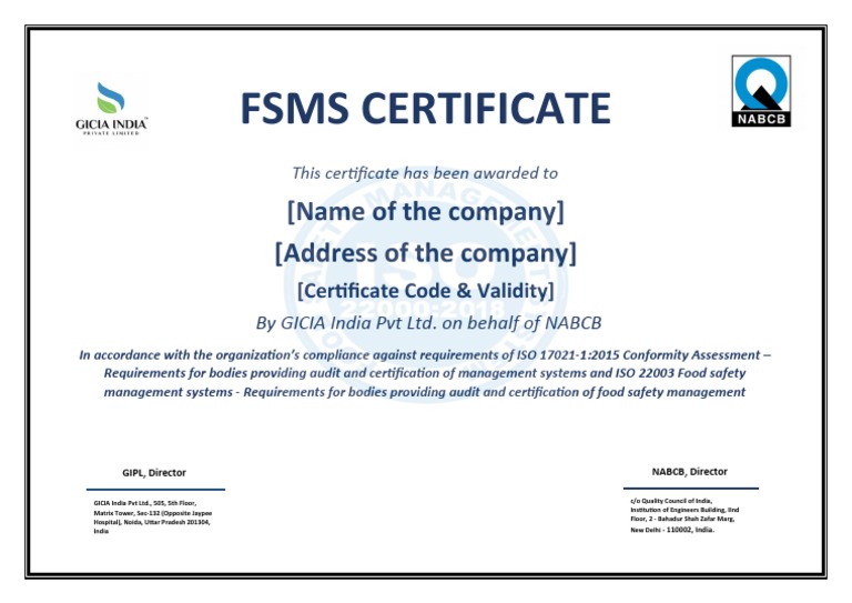 FSMS Certificate - Template | PDF