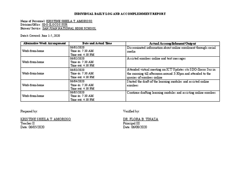 Individual Daily Log and Accomplishment Report Week1 | PDF