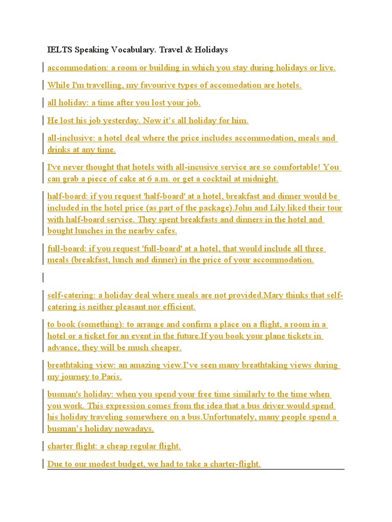 IELTS Speaking Vocabulary. Travel & Holidays | PDF | Meal | Schools