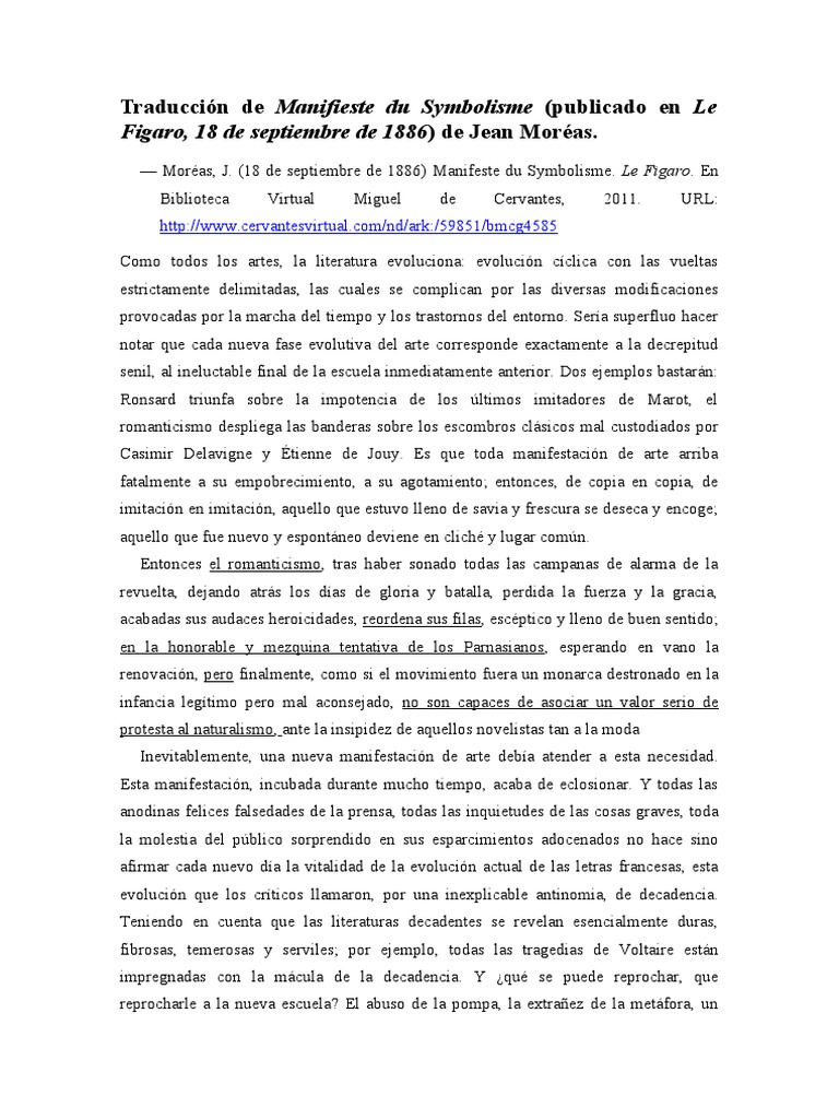 Traducción de Manifieste Du Symbolisme de Jean Moréas | PDF ...