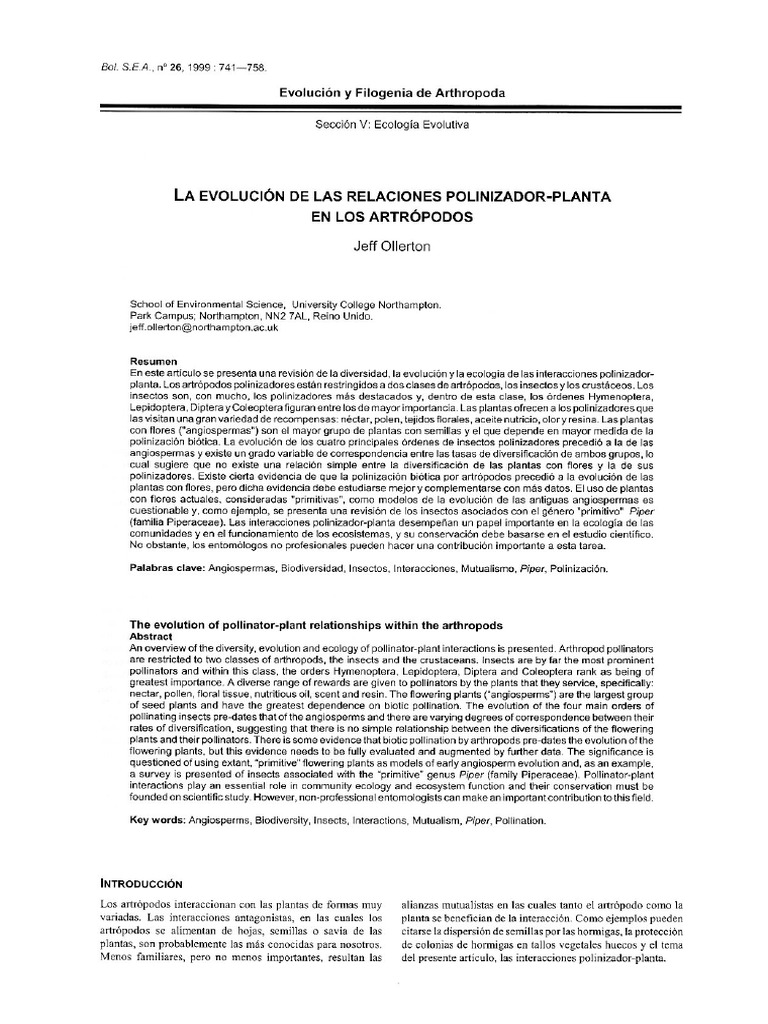 The Evolution of Pollinator-Plant Relati PDF | PDF