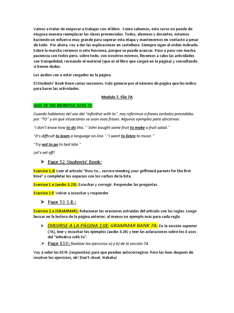 7A PART 1 Grammar Infinitive With To | PDF