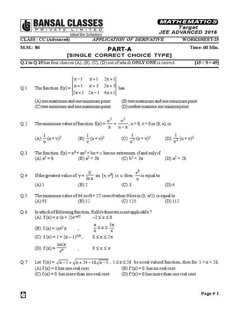 Part-A: M.M.: 86 Time: 60 Min. CLASS: CC (Advanced) Worksheet-25 | PDF ...
