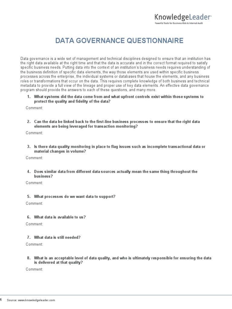 Data Governance Questionnaire | PDF | Data | Data Quality