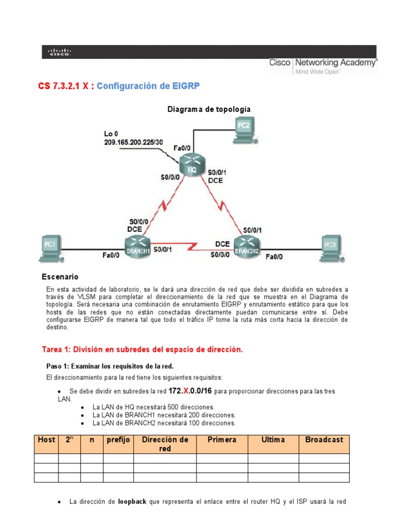 CS 7.2.3.1 X Configuración EIGRP | PDF | Enrutador (Computación) | Enrutamiento