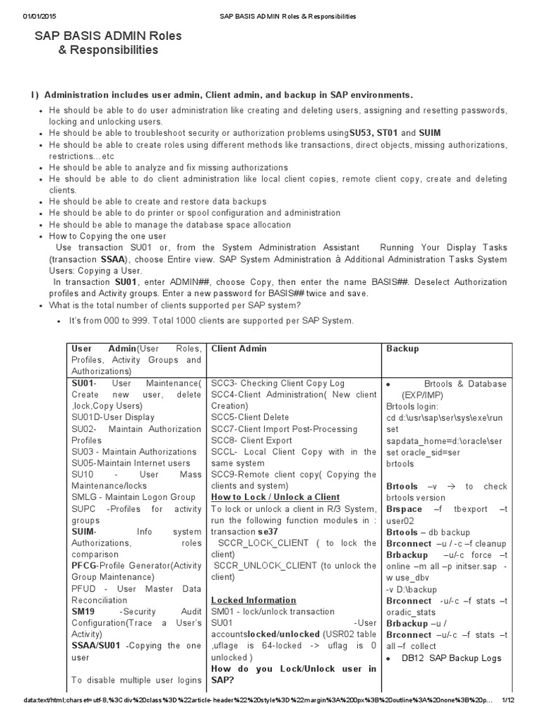 SAP BASIS ADMIN Roles & Responsibilities | PDF | Login | Databases