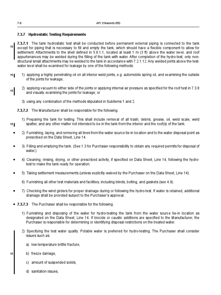API 650 Hydrostatic Testing Guidelines | PDF | Corrosion | Water Quality