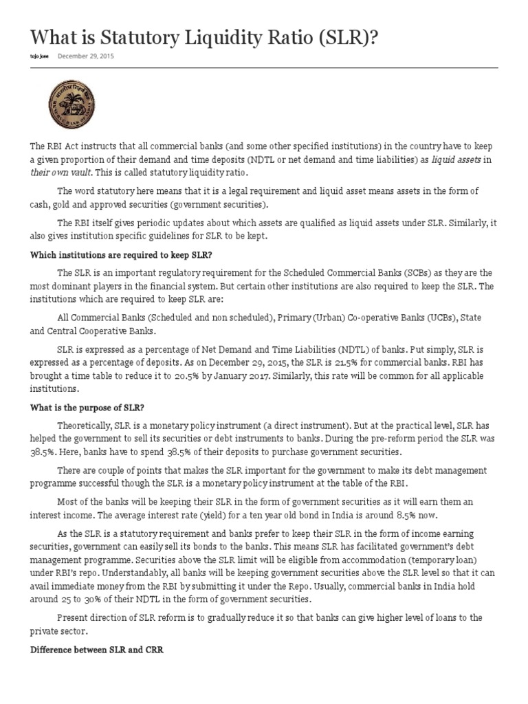What Is Statutory Liquidity Ratio (SLR) ?: Which Institutions Are ...