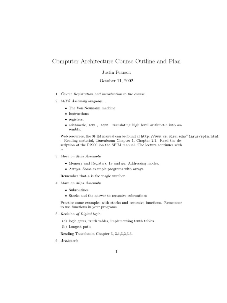 Computer Architecture Course Outline and Plan: Justin Pearson October 11, 2002 | PDF | Cpu Cache ...