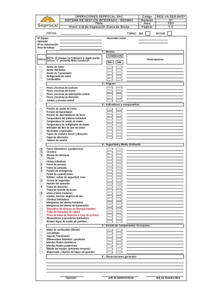 Check List de Inspección Diaria Por Equipo Scoop | PDF | Vehículos ...
