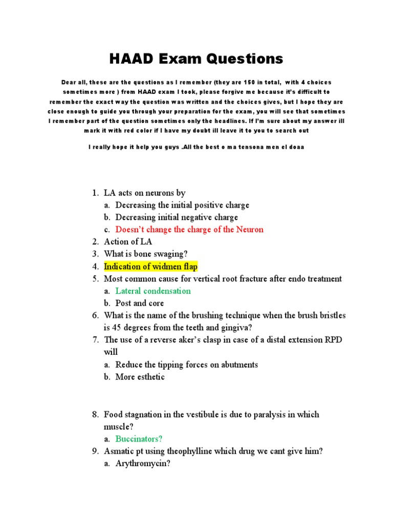 HAAD Exam Questions | PDF | Animal Anatomy | Dentistry Branches