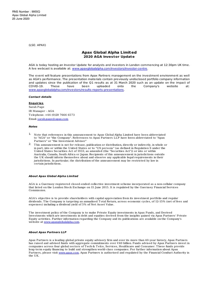 Apax Global Alpha Limited: 2020 AGA Invest or Updat e | PDF | Private ...